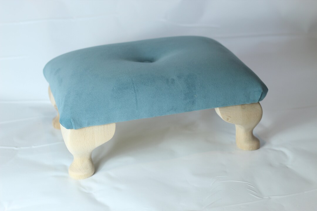 Low Queen Anne Footstool Pouffe - Warwick Fabrics Plush Velvet Sky Blue ...