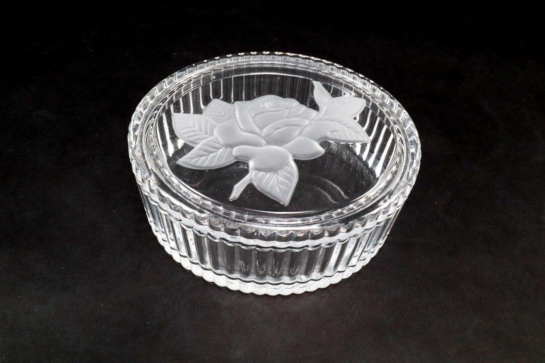 Vintage Teleflora France Glass Rose Flower Design Jar With Lid Bathroom ...