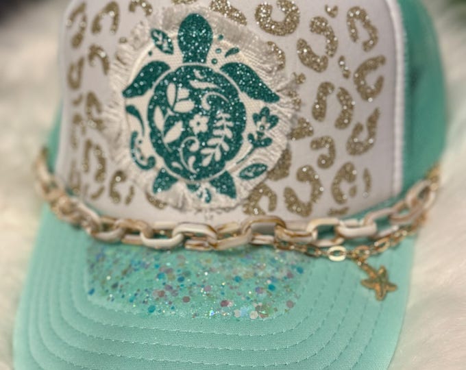 Glitter, Leopard Print Salty Turtle Beach Trucker Hat Patch Hat / Trucker Hat / Patch Hat ...