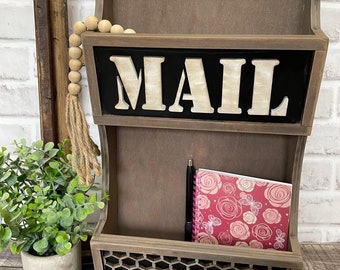 Hanging Mail Station, Rustic Farmhouse Mail Holder, Kitchen Mail ...