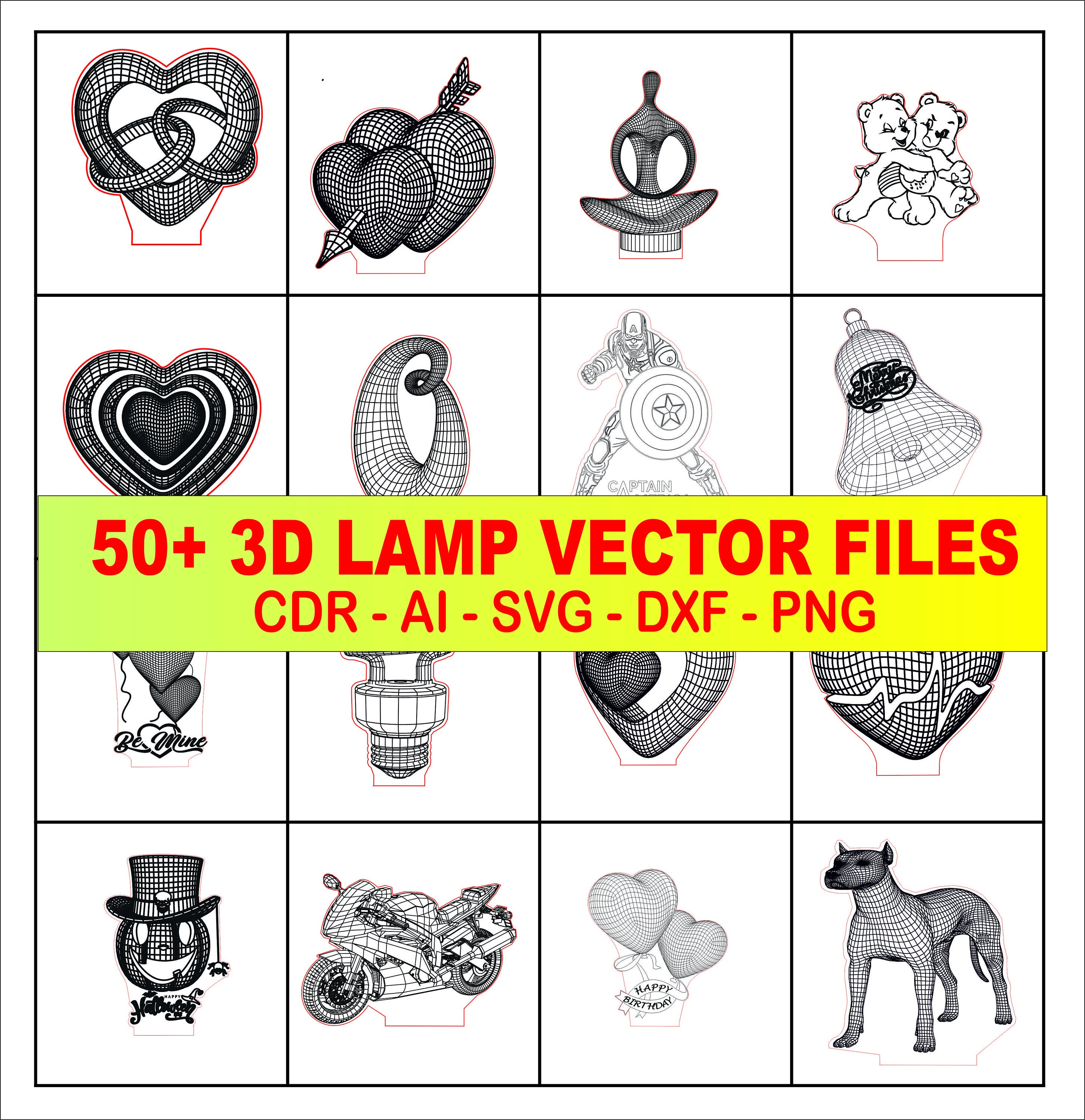 3D Illusion Acrylic Lamp Vector 50 Bundle ,3D Night Lamp Vector File for Cnc and Laser Engraving ...
