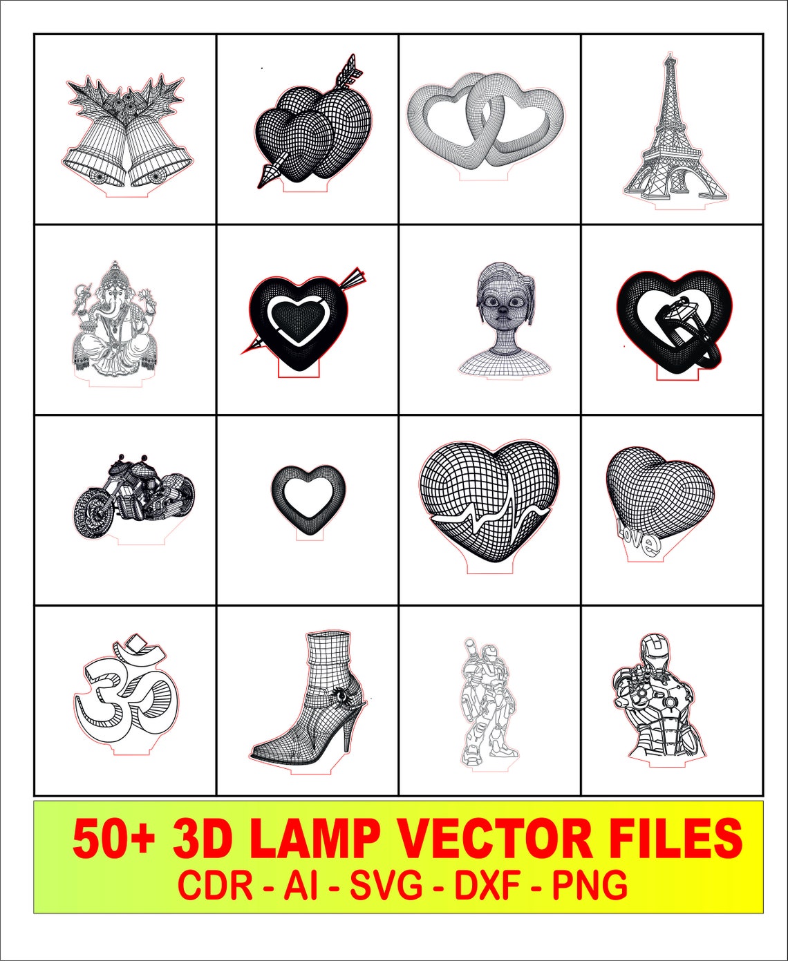 3D Illusion Acrylic Lamp Vector 50 Bundle ,3D Night Lamp Vector File for Cnc and Laser Engraving ...