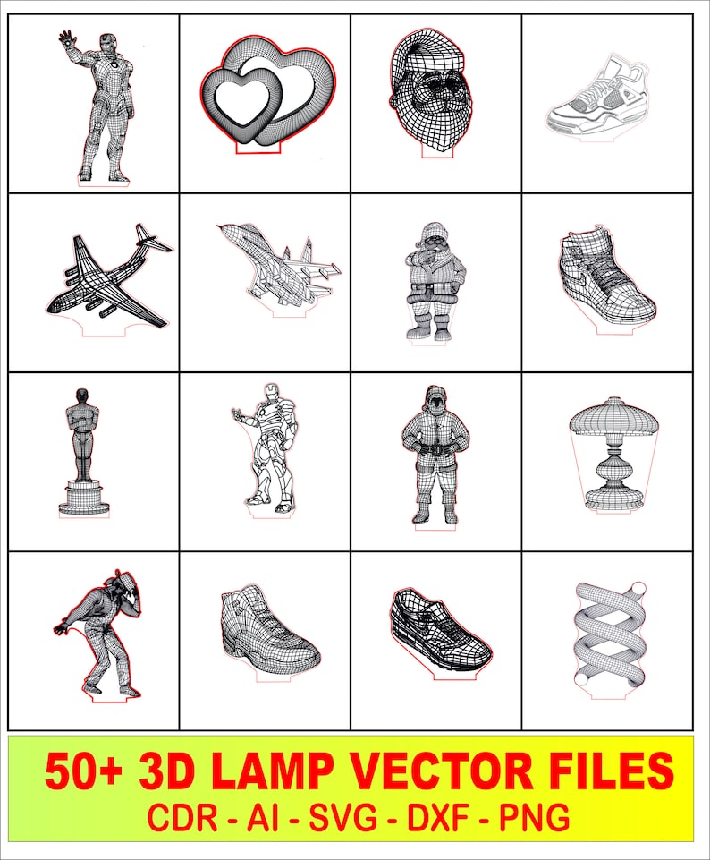 3D Illusion Acrylic Lamp Vector 50 Bundle ,3D Night Lamp Vector File ...