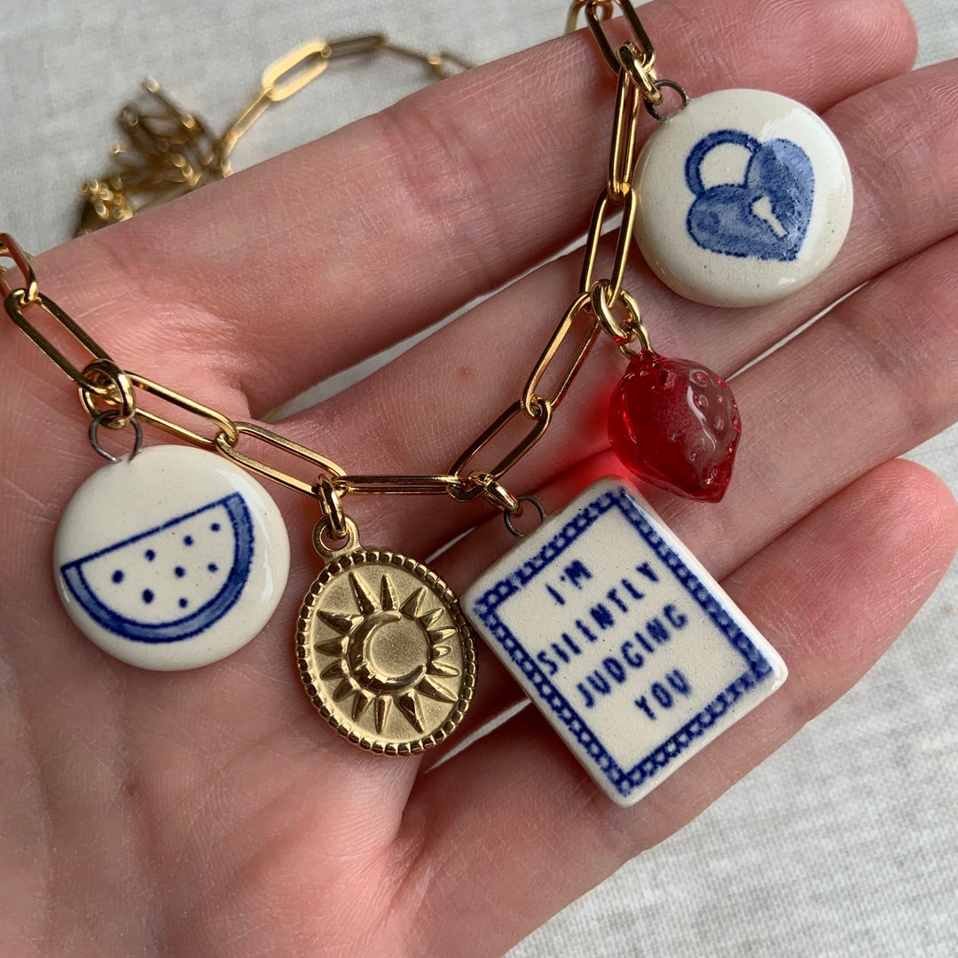 Tiny Clay Charm Necklace, Ceramic Charms, Handmade and Hand Painted ...