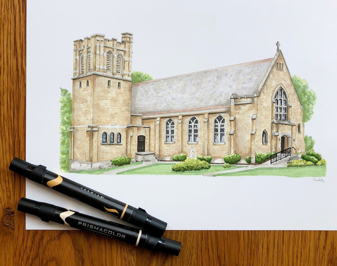 Custom Church Drawing, Custom Church Portrait, Church Portrait, Church ...