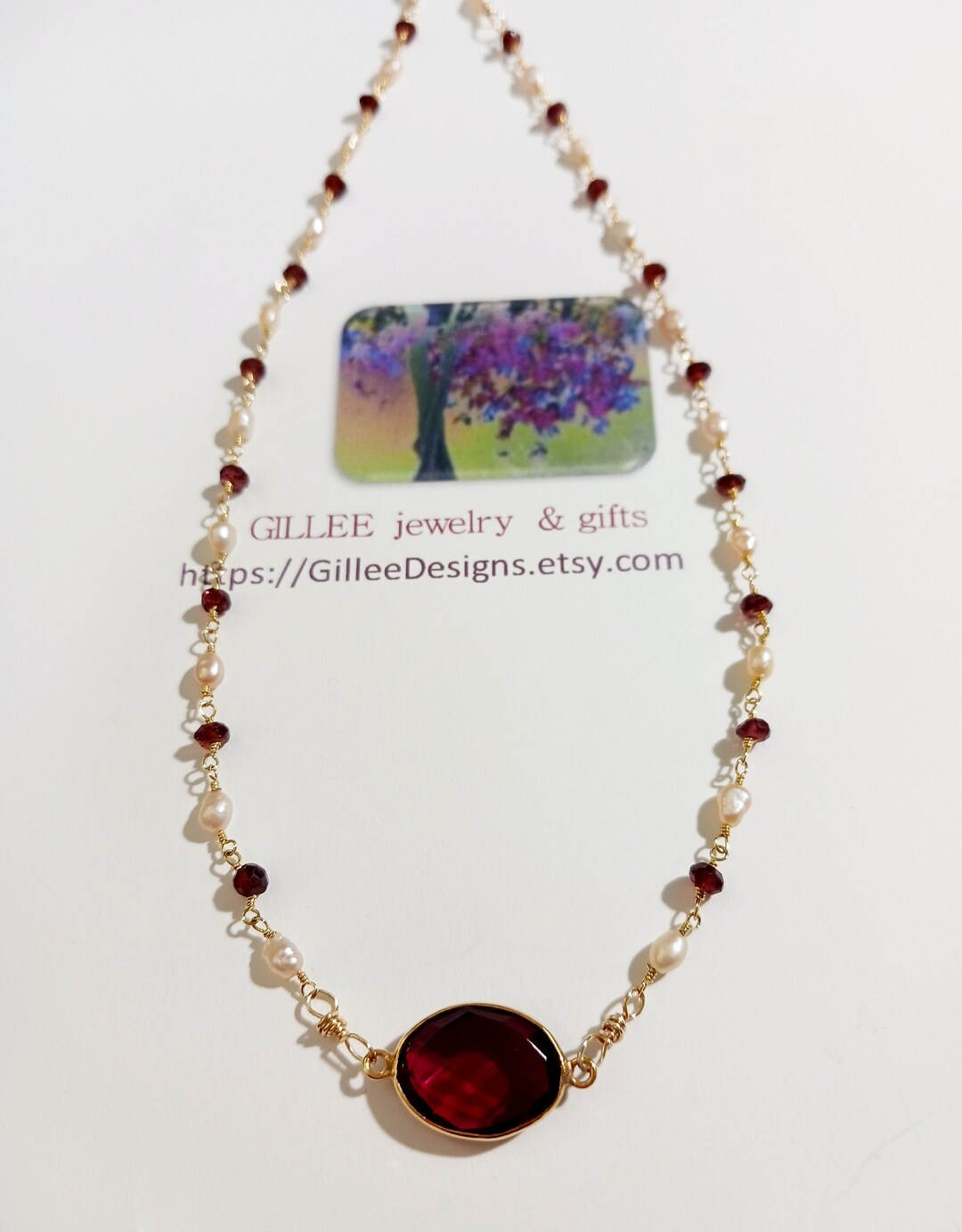 Garnet Pendant Necklace, Chain Faceted Garnet Rondells & Pale Pink ...