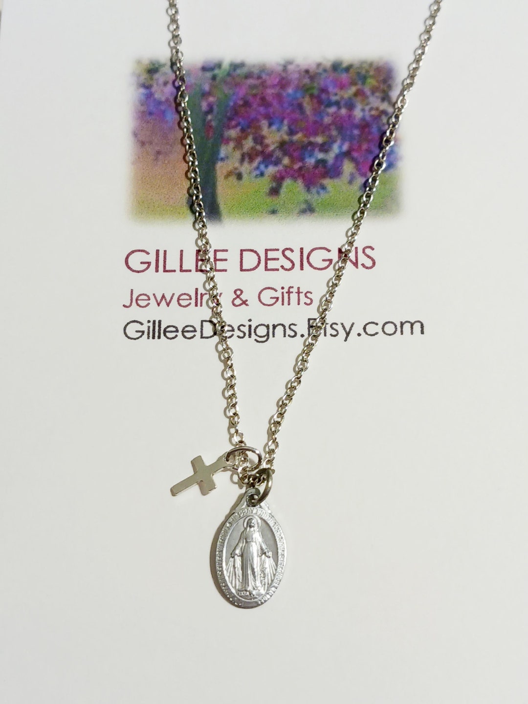 Necklace Tiny Miraculous Medal & Cross on Sterling Silver Chain Dainty ...