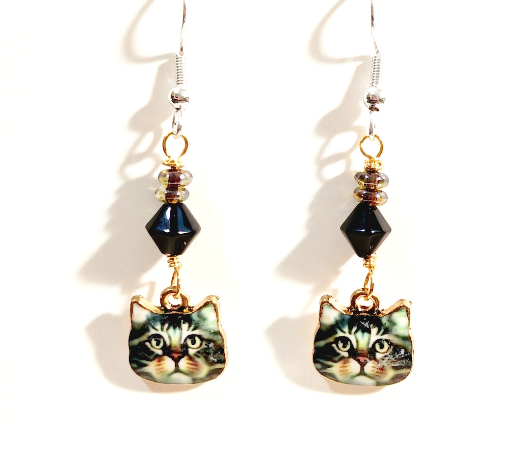 Dangle Earrings Dark Gray Stripe CAT W Black Bicone Beads Sterling ...