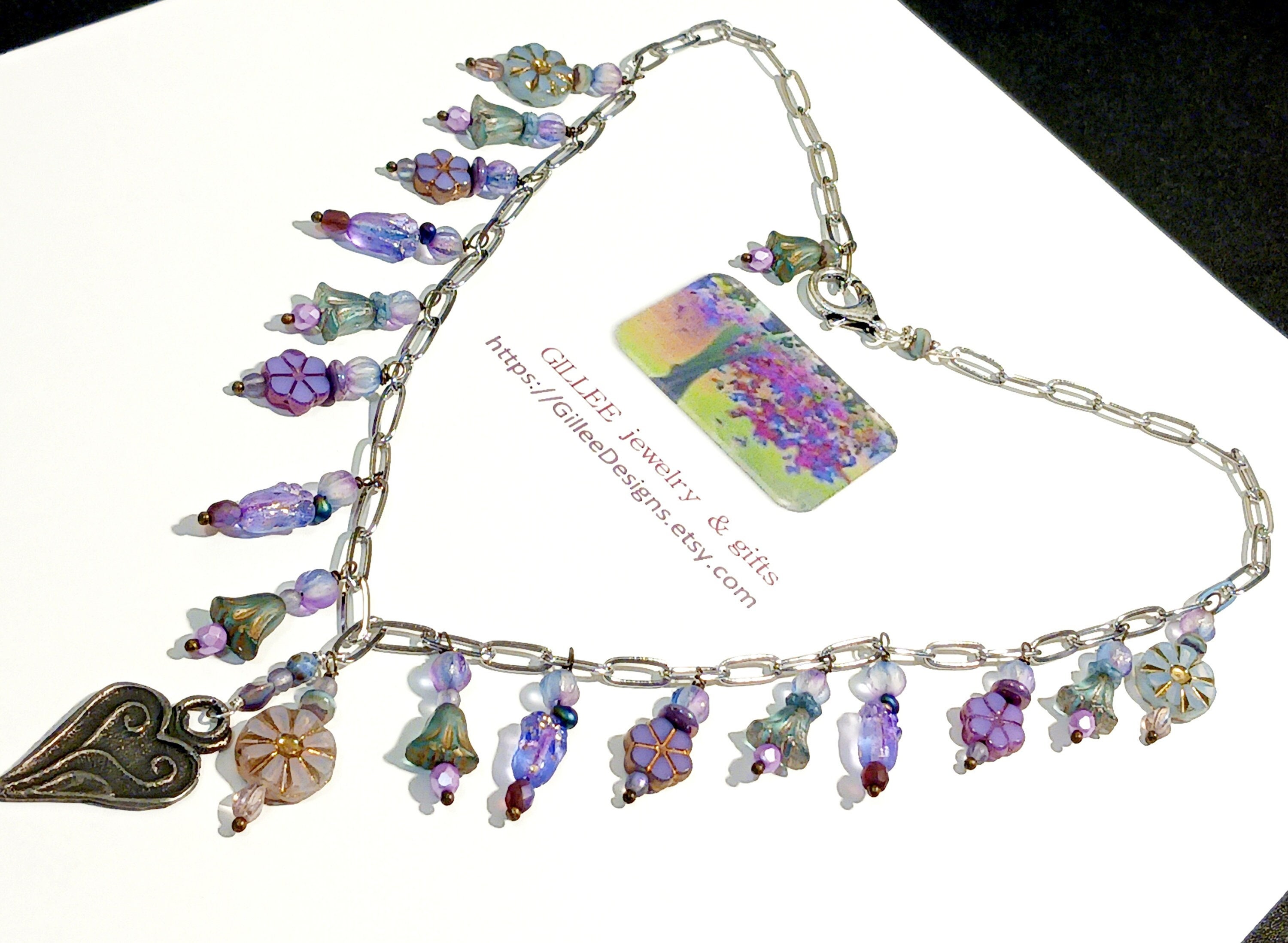 Lilac/blue Flowers & Heart Charm Dangles Necklace Beautiful Pastel Colors Feminine Love ...