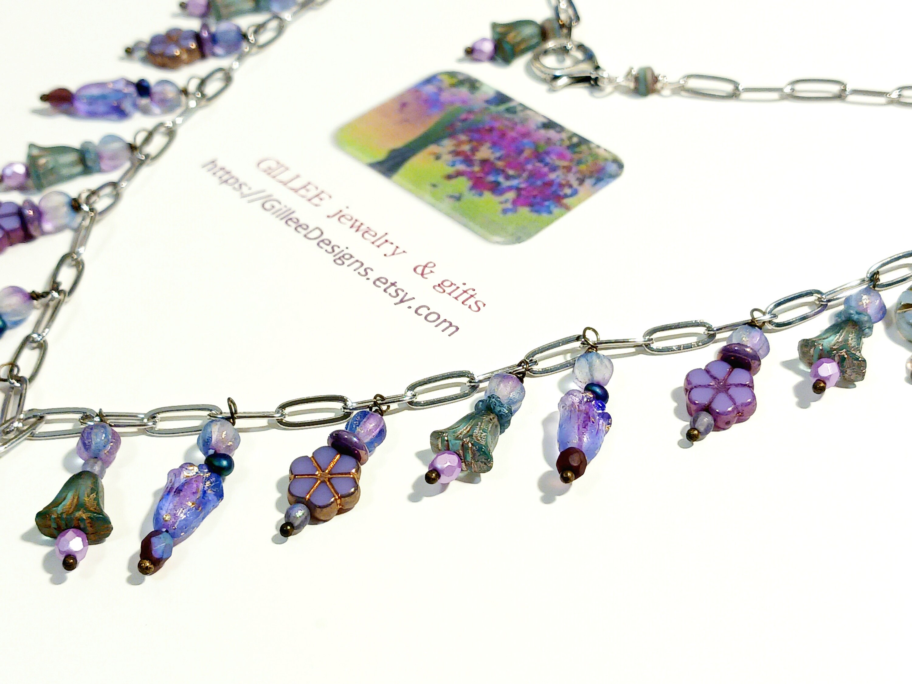 Lilac/blue Flowers & Heart Charm Dangles Necklace Beautiful Pastel Colors Feminine Love ...