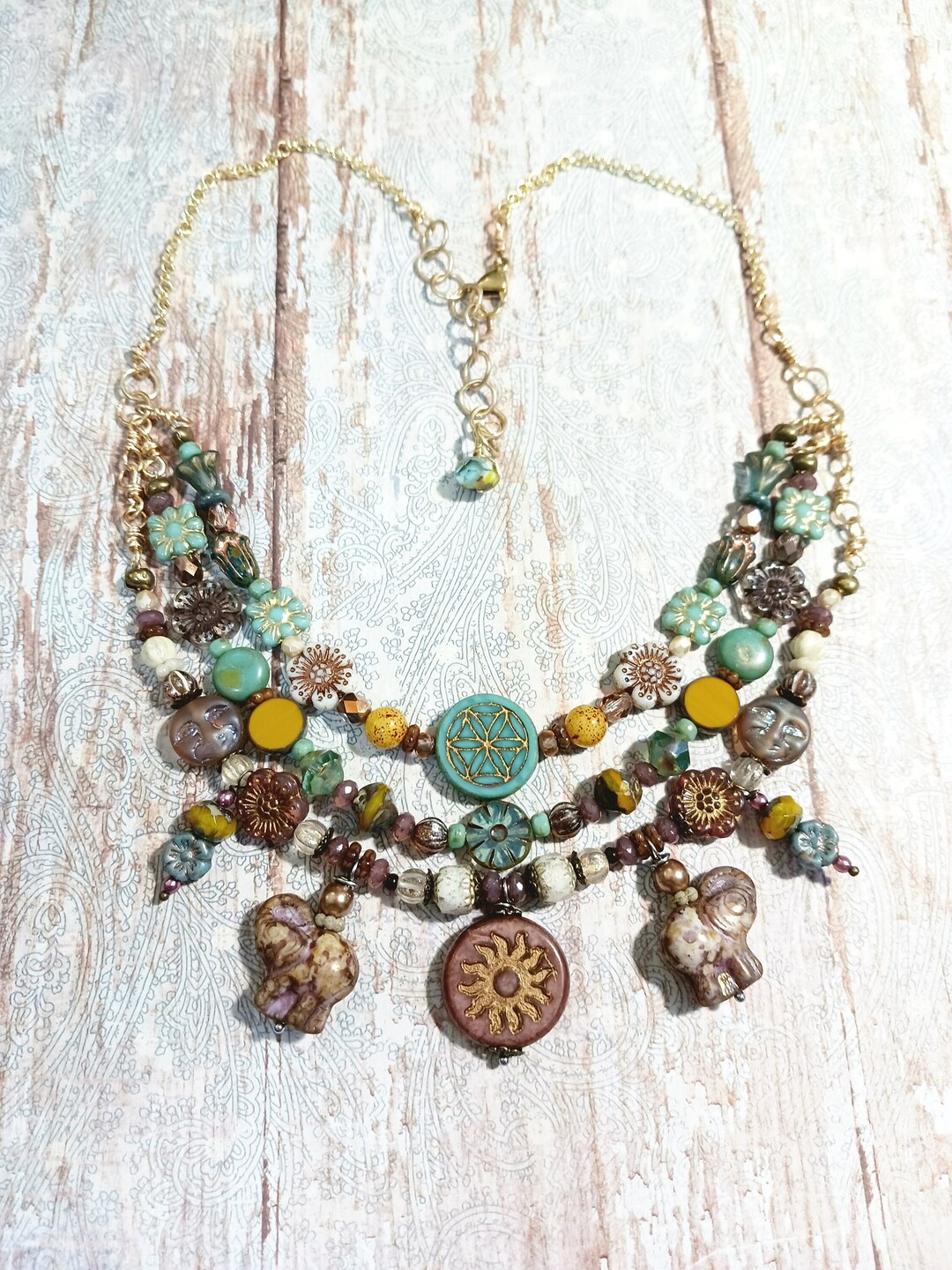 Necklace Boho Feminine Sun Moon Elephants 3-strand Happiness & Luck ...