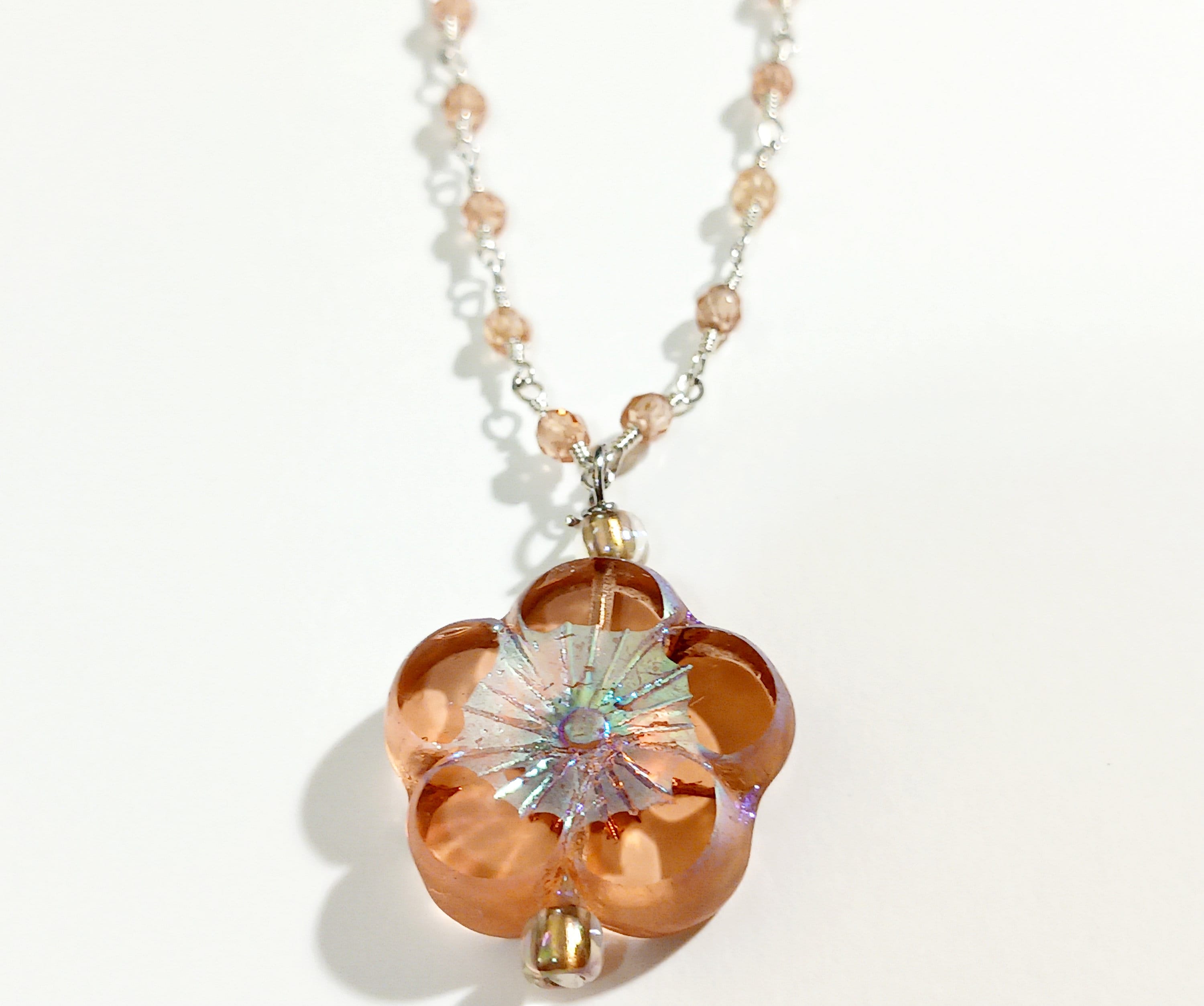 Dainty Peach Necklace Lovely Mystic Peach Bloom Pendant on Chain of ...