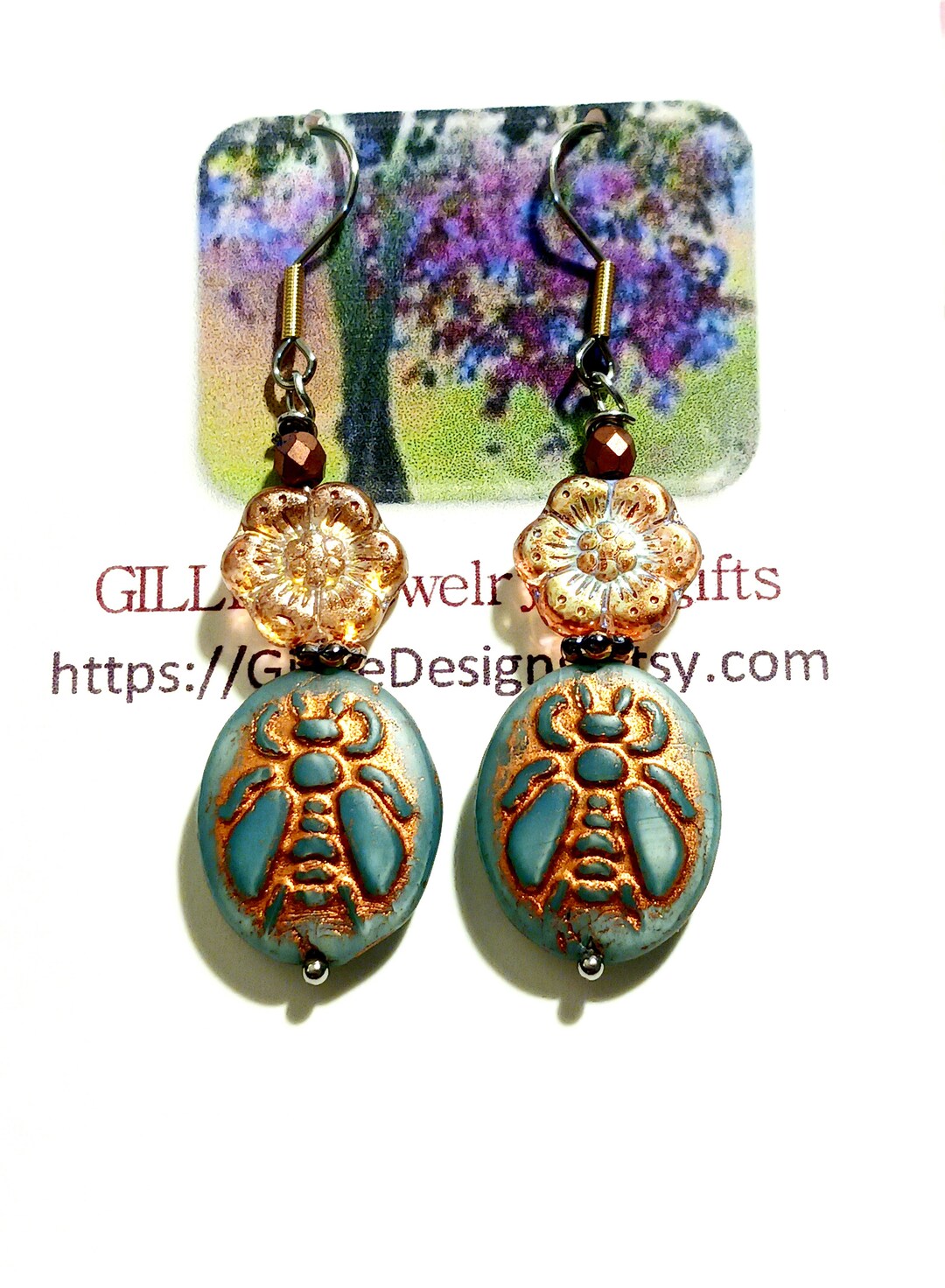Dangle Earrings 1.75 in Drop Honeybee Blue/copper on Copper/pink ...