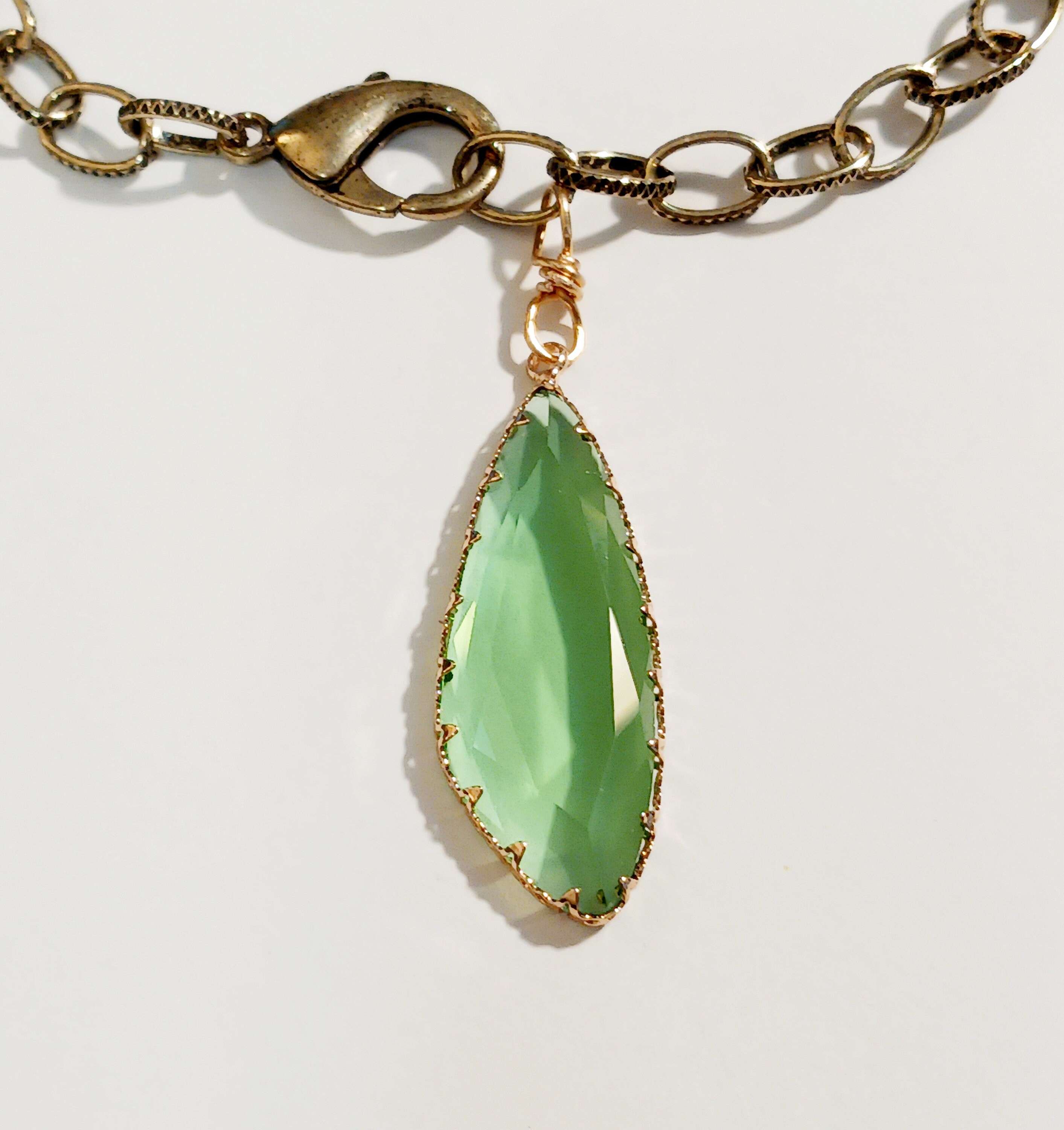 16-17in Pendant Necklace Long Green Faceted Crystal Pendant on Antique ...