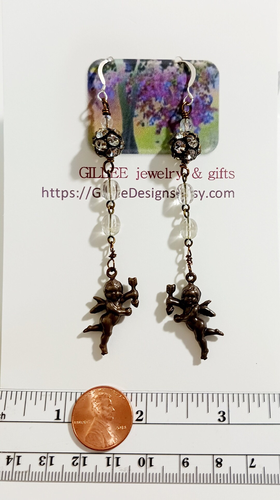 Long Dangle Earrings 3in Drop Delightful Valentine Brass Cupid Charms ...