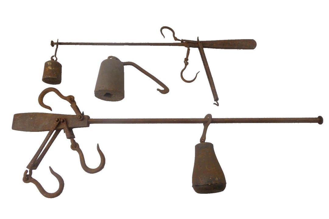 Two Antique Old Primitive Merchant Grocers Balance Scale Weights Arms ...