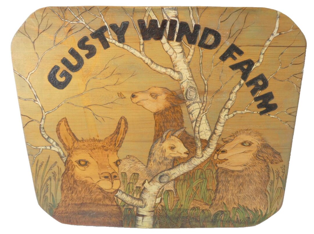 Custom Glen Bower Gusty Wind Farm Llama Birch Tree Wood Etched Sign ...
