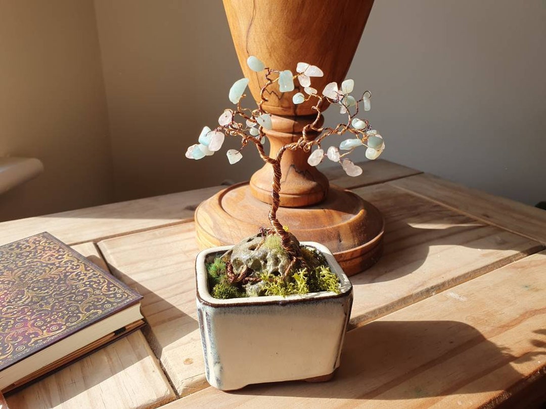 Bonsai Copper Wire Tree Sculpture in Bonsai Dish With Rose Quartz and ...