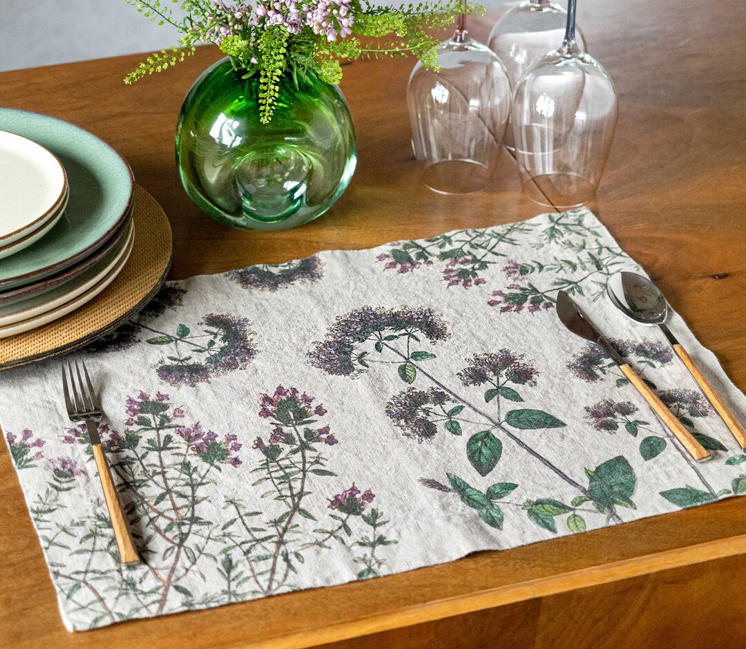 Linen Placemats Set With Thyme and Oregano Prints, Botanical Cloth ...
