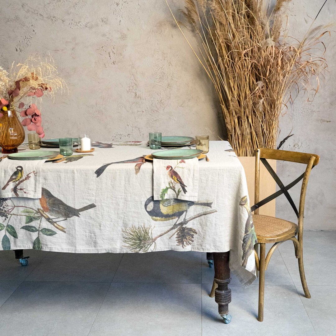 Natural Linen Tablecloth With Garden Birds Prints, Woodland Table Cloth ...