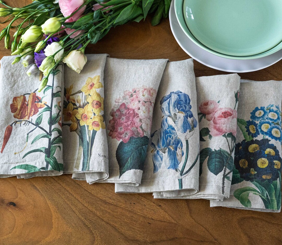 Set of Natural Linen Floral Napkins, Botanical Cloth Dinning Napkins ...