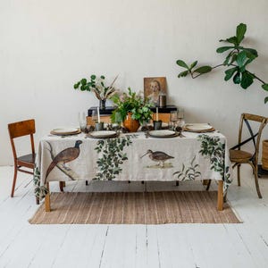 Natural Linen Tablecloth With Forest Birds Prints, Woodland Table Cloth, Wild Bird Table Decor ...