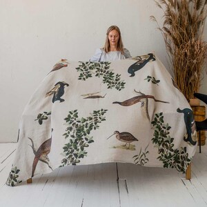 Natural Linen Tablecloth With Forest Birds Prints, Woodland Table Cloth ...