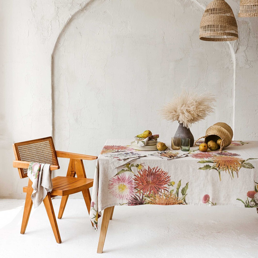 Natural Linen Tablecloth With Country Flowers Prints, Floral Fall Table ...