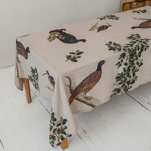 Natural Linen Tablecloth With Forest Birds Prints, Woodland Table Cloth, Wild Bird Table Decor ...