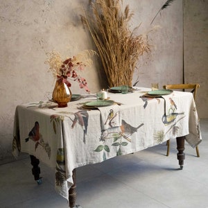 Natural Linen Tablecloth With Garden Birds Prints, Woodland Table Cloth ...