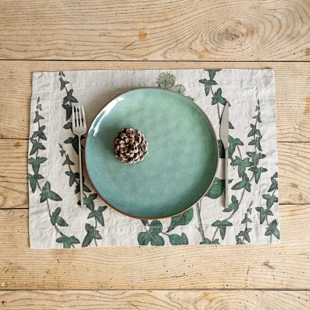 Linen Placemats Set With Ivy Print, Botanical Cloth Place Mats, Lodge ...