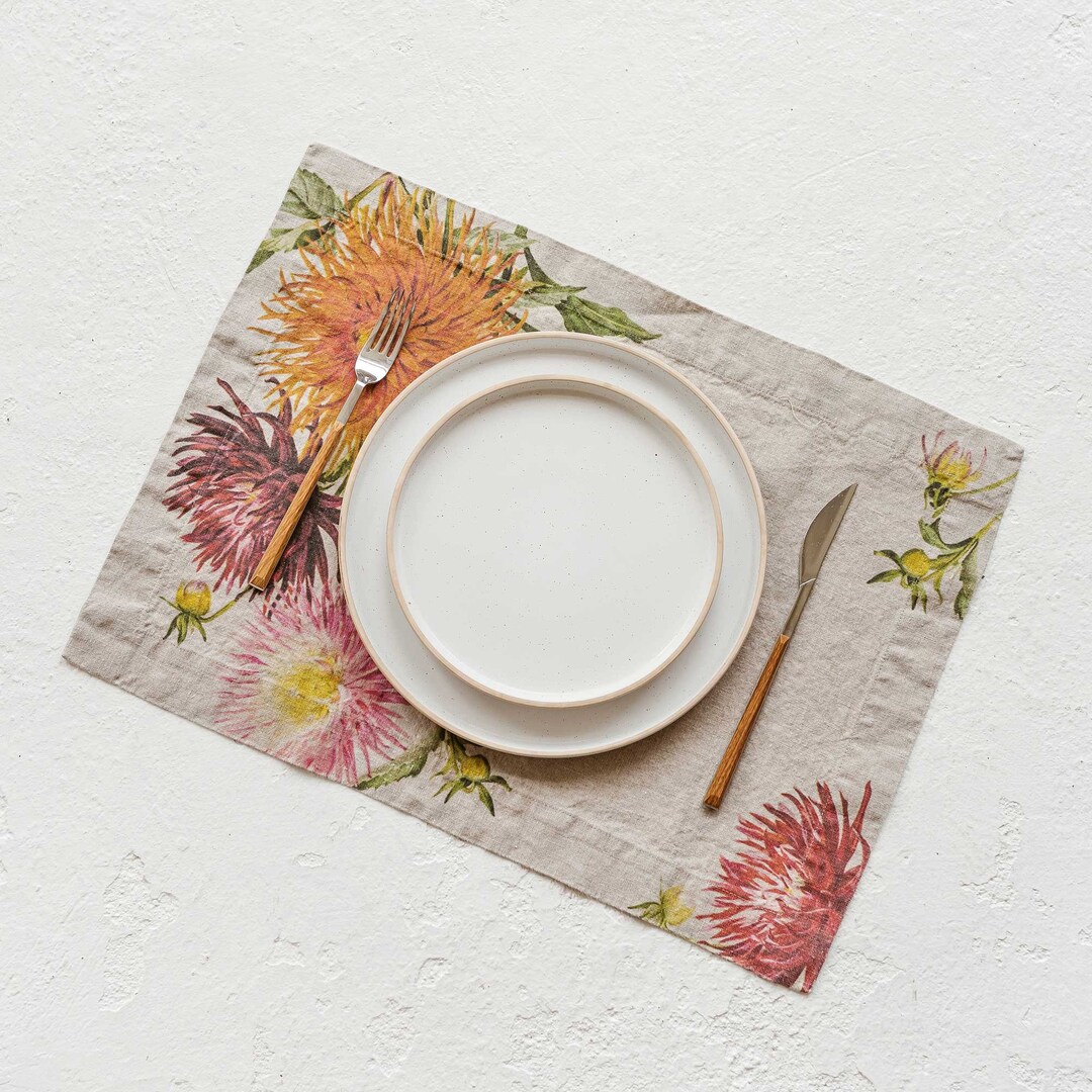 Linen Place Mats Set With Country Flowers Print, Botanical Dahlia Cloth ...