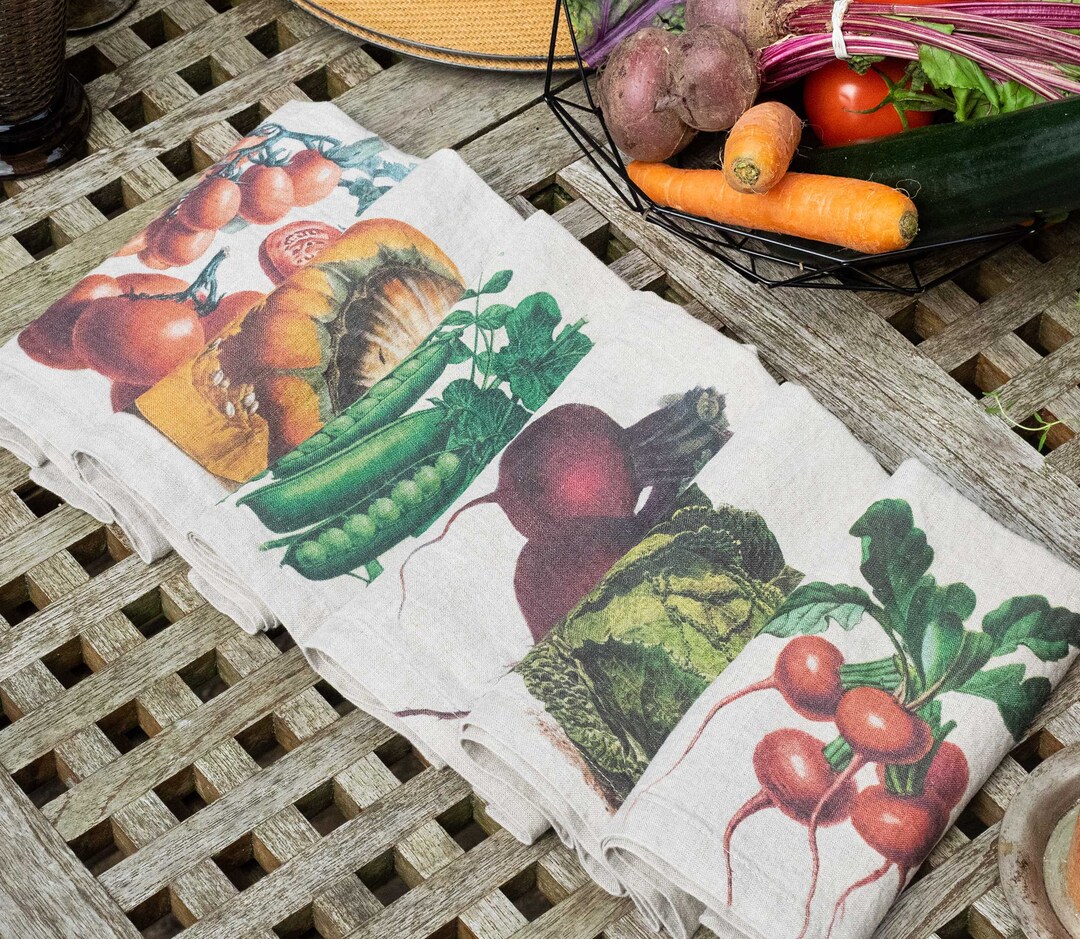 Set of Natural Linen Napkins With Vegetable Prints, Fall Rustic Cottage ...