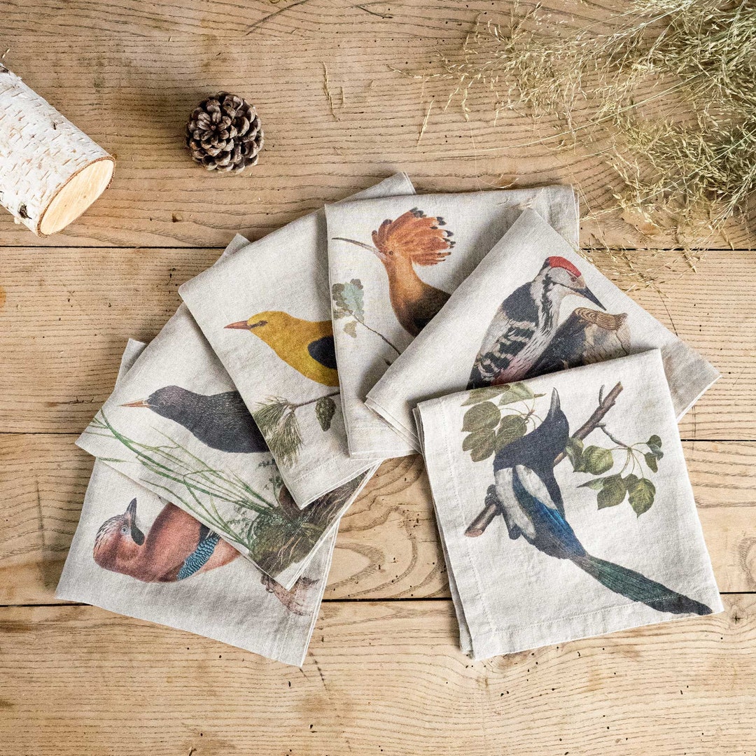 Set of Linen Napkins With Woodland Birds, Cloth Dinning Napkins, Forest ...