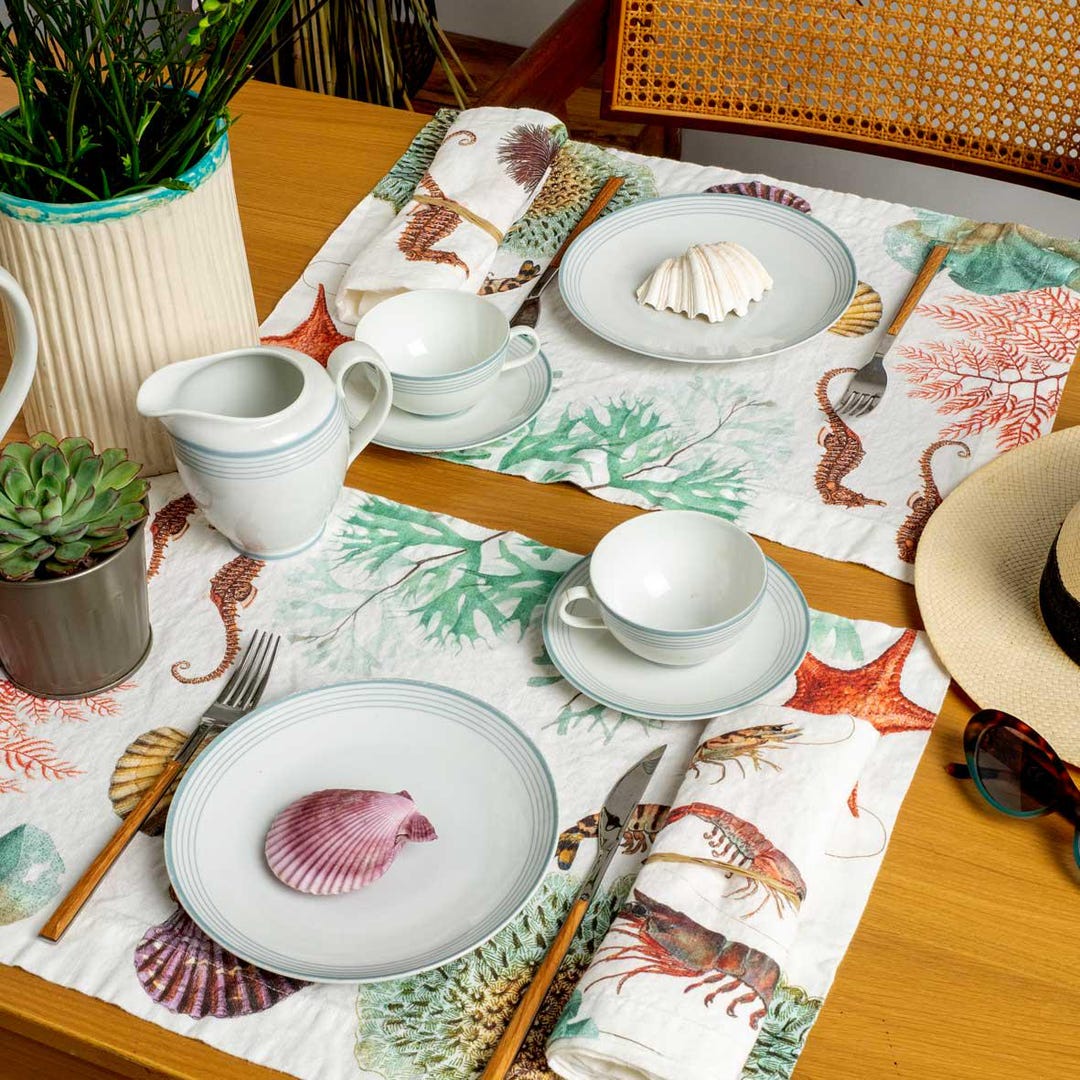 Linen Placemats Set With Ocean Animals Print, Sea Life Cloth Place Mats ...