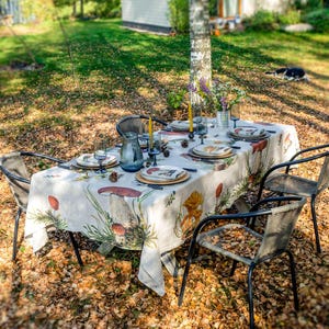 Natural Linen Tablecloth With Forest Mushroom Prints, Woodland Table ...