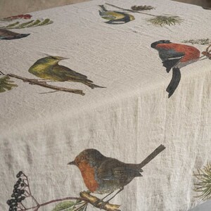 Natural Linen Tablecloth With Garden Birds Prints, Woodland Table Cloth ...