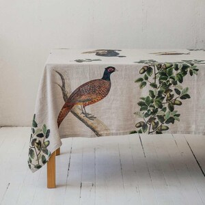 Natural Linen Tablecloth With Forest Birds Prints, Woodland Table Cloth ...