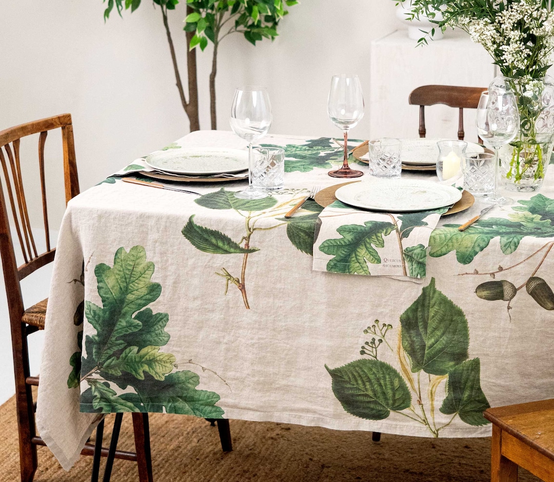 Natural Linen Tablecloth With Green Trees Prints, Leaves Table Cloth ...