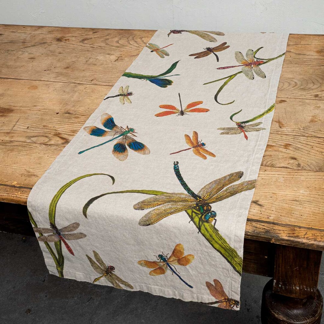 Linen Table Runner With Lakeside Dragonflies Print, Lodge Table Decor ...