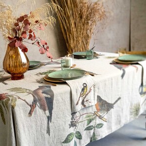 Natural Linen Tablecloth With Garden Birds Prints, Woodland Table Cloth ...