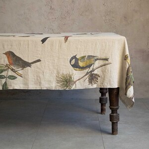 Natural Linen Tablecloth With Garden Birds Prints, Woodland Table Cloth ...