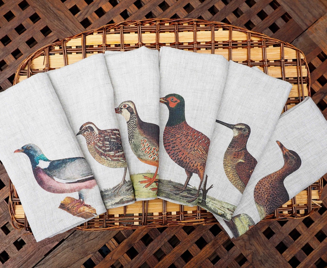 Set of 6 Linen Napkins With Wild Birds, Bird Design Natural Cloth ...
