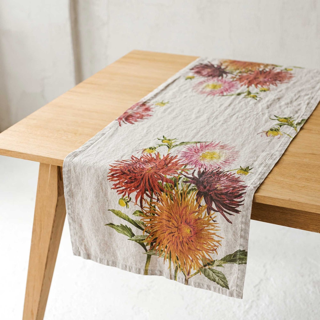 Floral Linen Table Runner With Fall Flowers Print, Botanical Dahlia ...