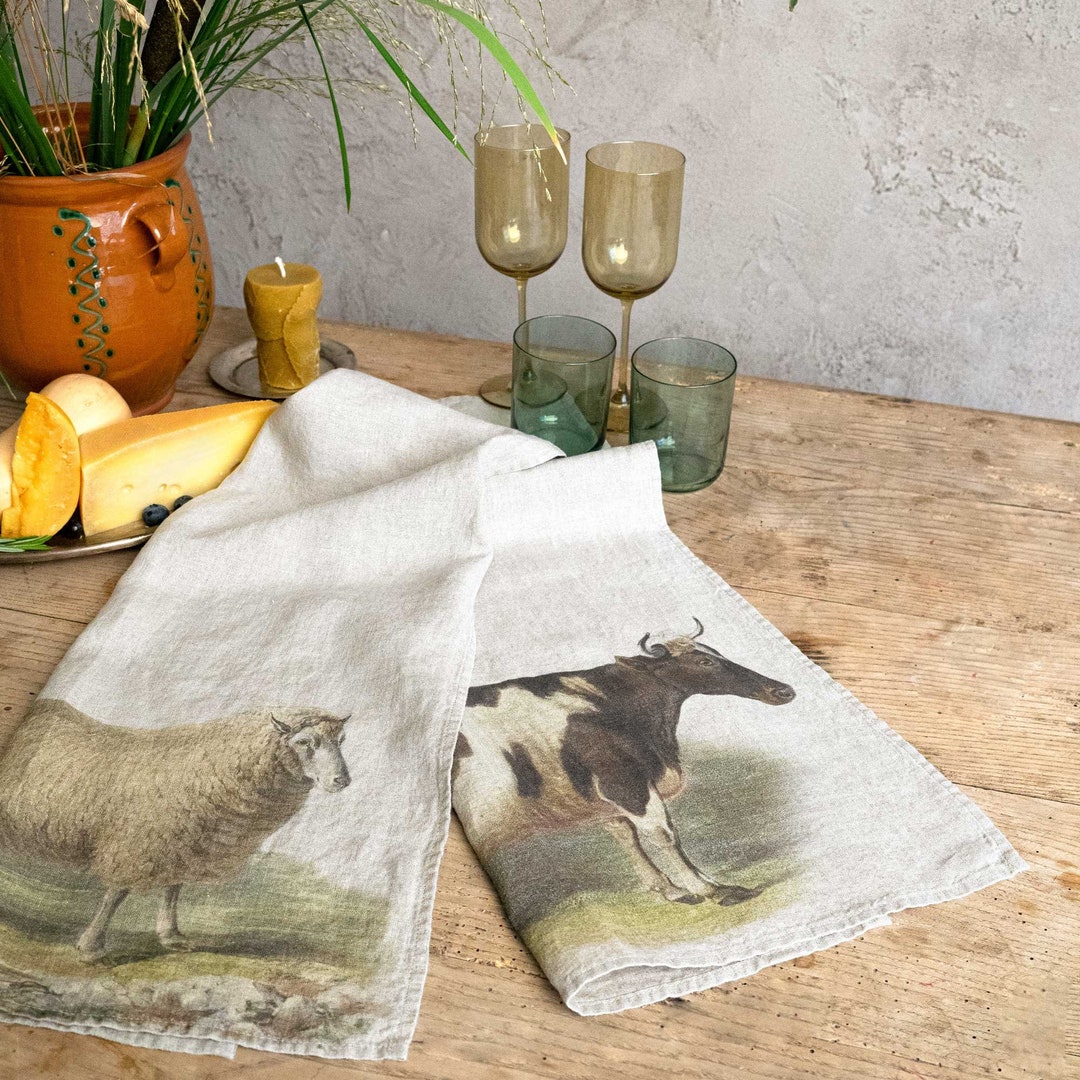 Set of Linen Kitchen Towels With Cow and Sheep Prints, Farm Animals ...