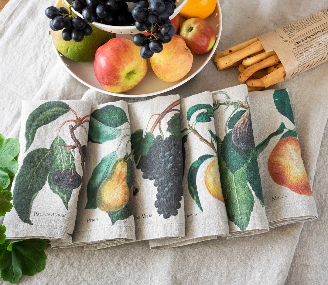 Set of Natural Linen Napkins With Fruit Prints, Spring Cloth Dinning ...