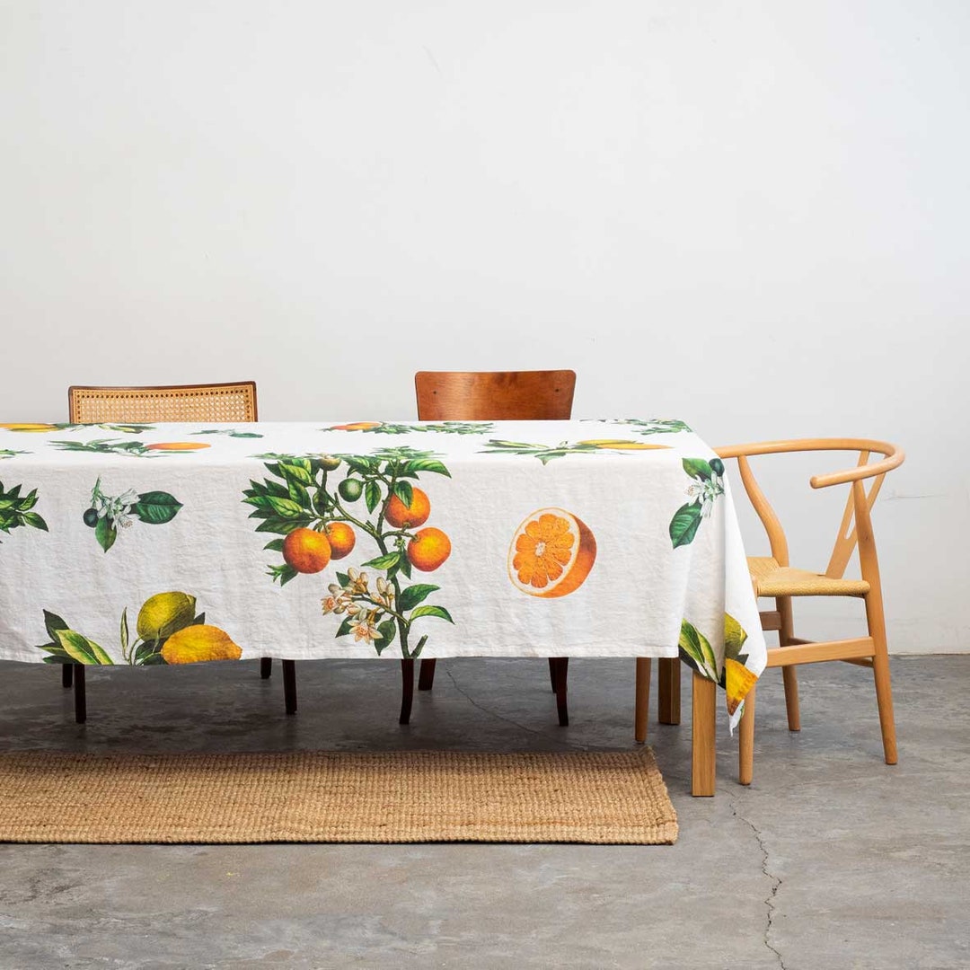 White Linen Tablecloth With Citrus Prints, Mediterranean Lemon and ...