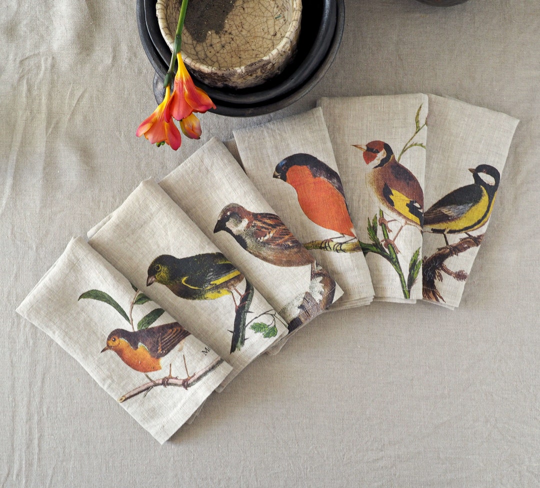 Set of Linen Napkins With Garden Birds, Cloth Dinning Napkins, Little ...