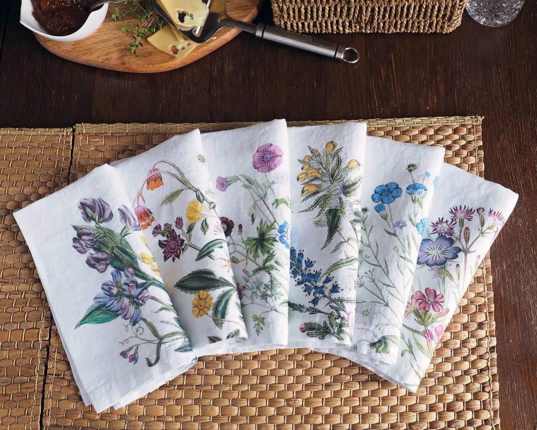 Set of Linen Napkins With Wild Flowers, Botanical Cloth Dinning Napkins ...