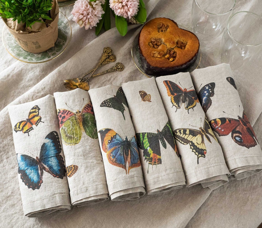 Set of Linen Napkins With Colorful Butterflies, Spring Cloth Dinning ...